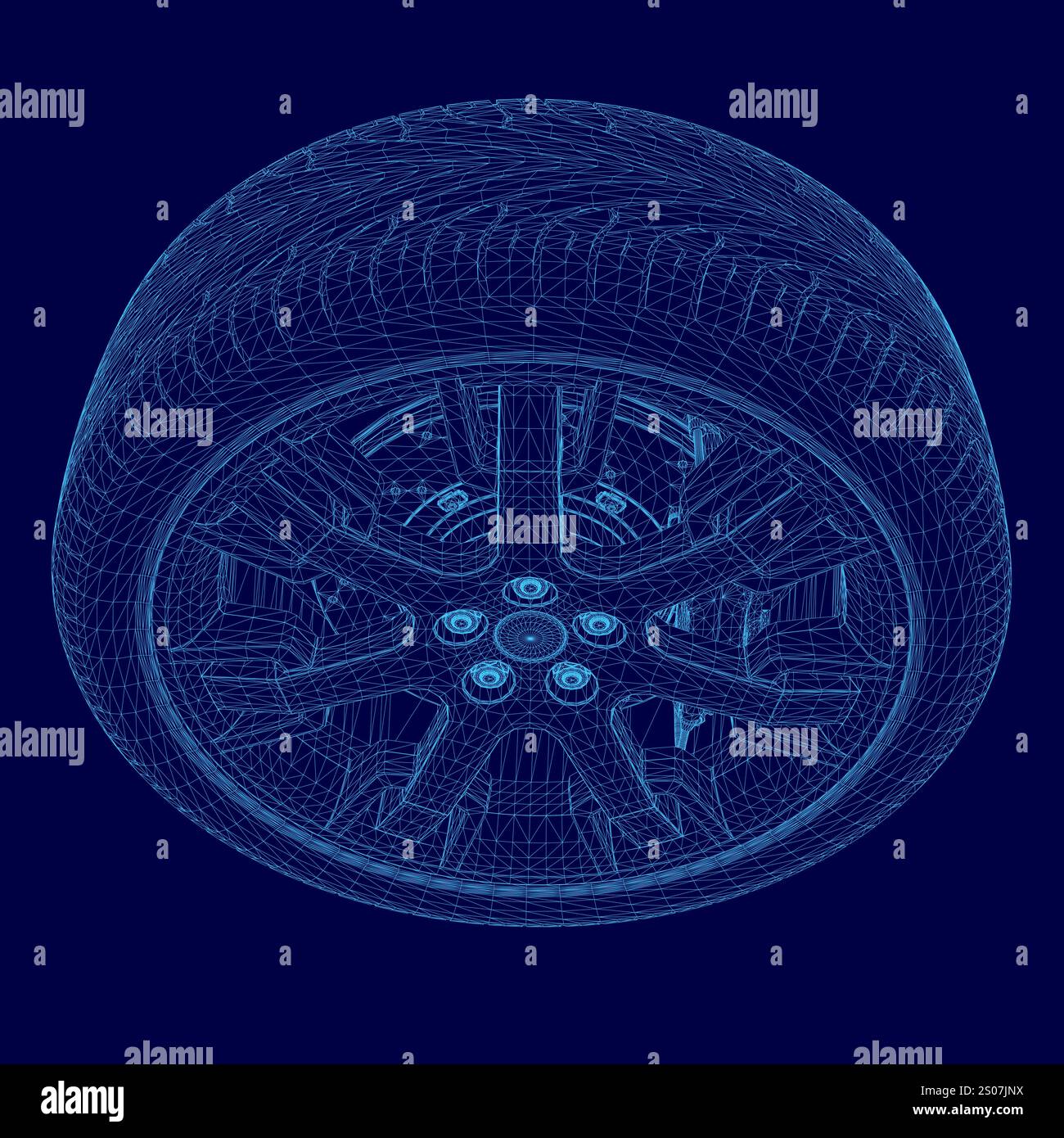 Blue image of a tire with a blue background. The tire is shown in a 3D ...