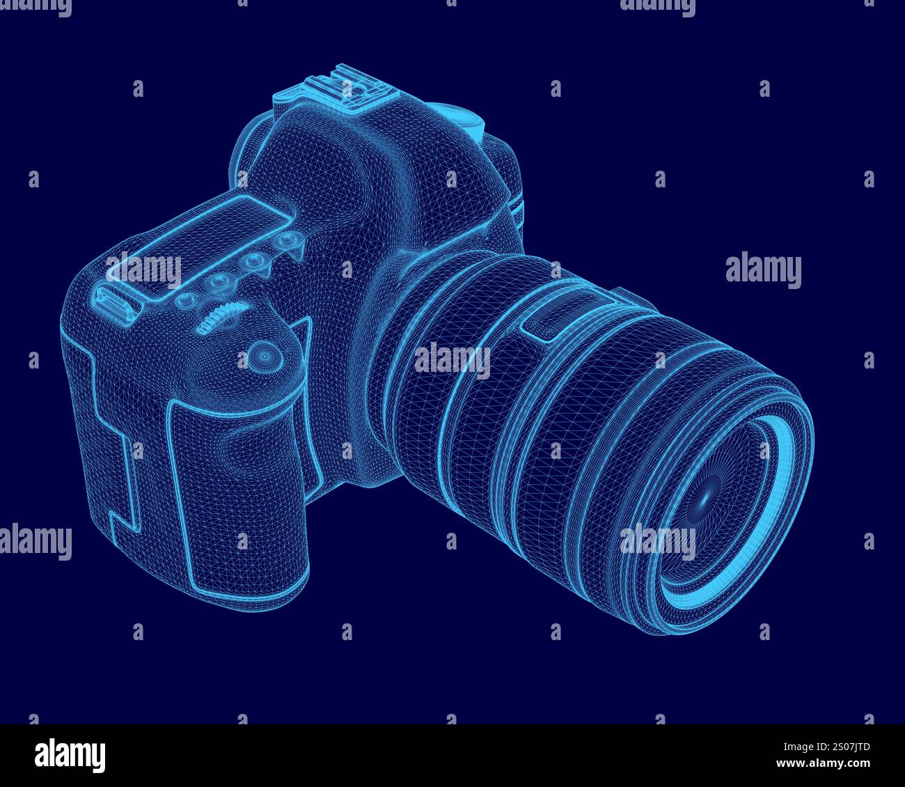 Blue image of a camera with a blue lens. The camera is shown in a ...