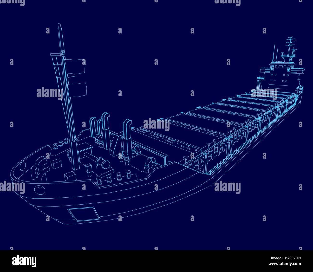 Blue drawing of a ship. The ship is large and has a blue stripe on the ...
