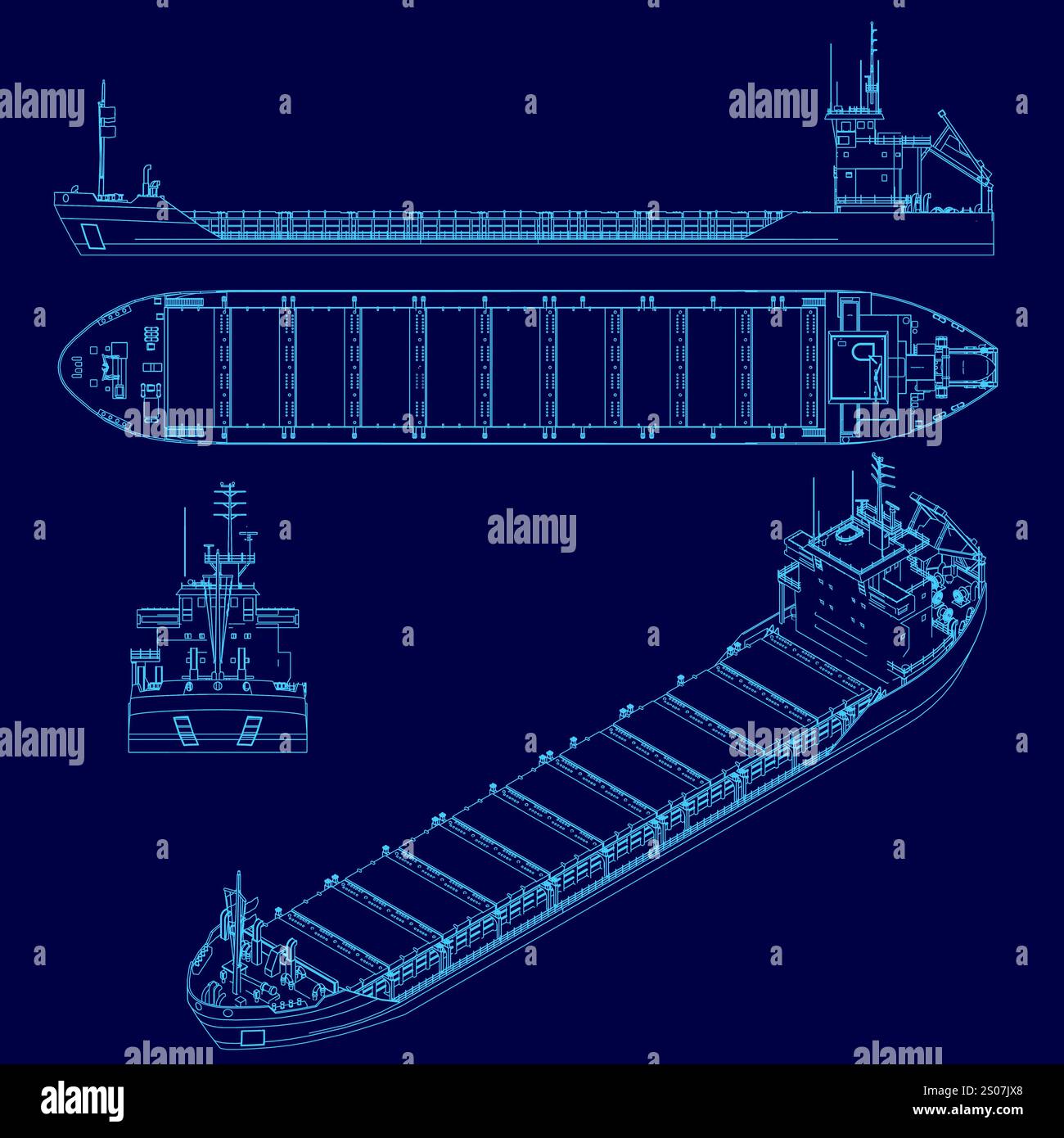 Blue drawing of a ship with a blue background. The ship is shown in ...