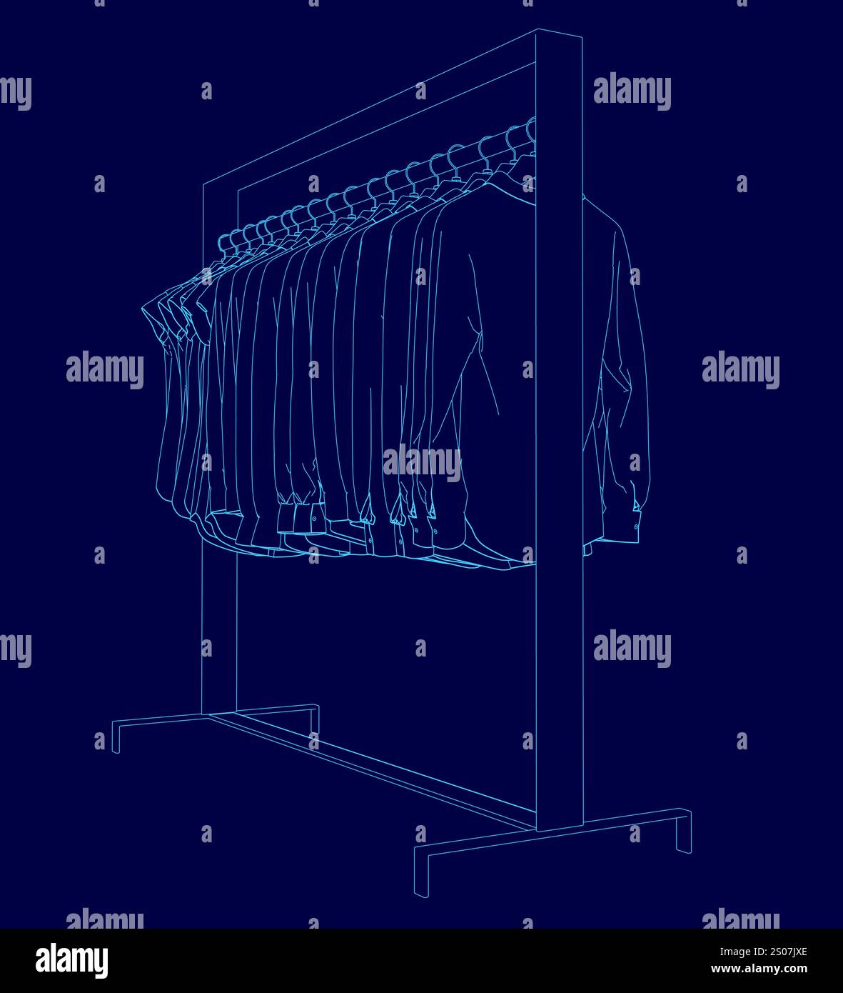 Blue image of a clothes rack with clothes hanging on it. The clothes ...