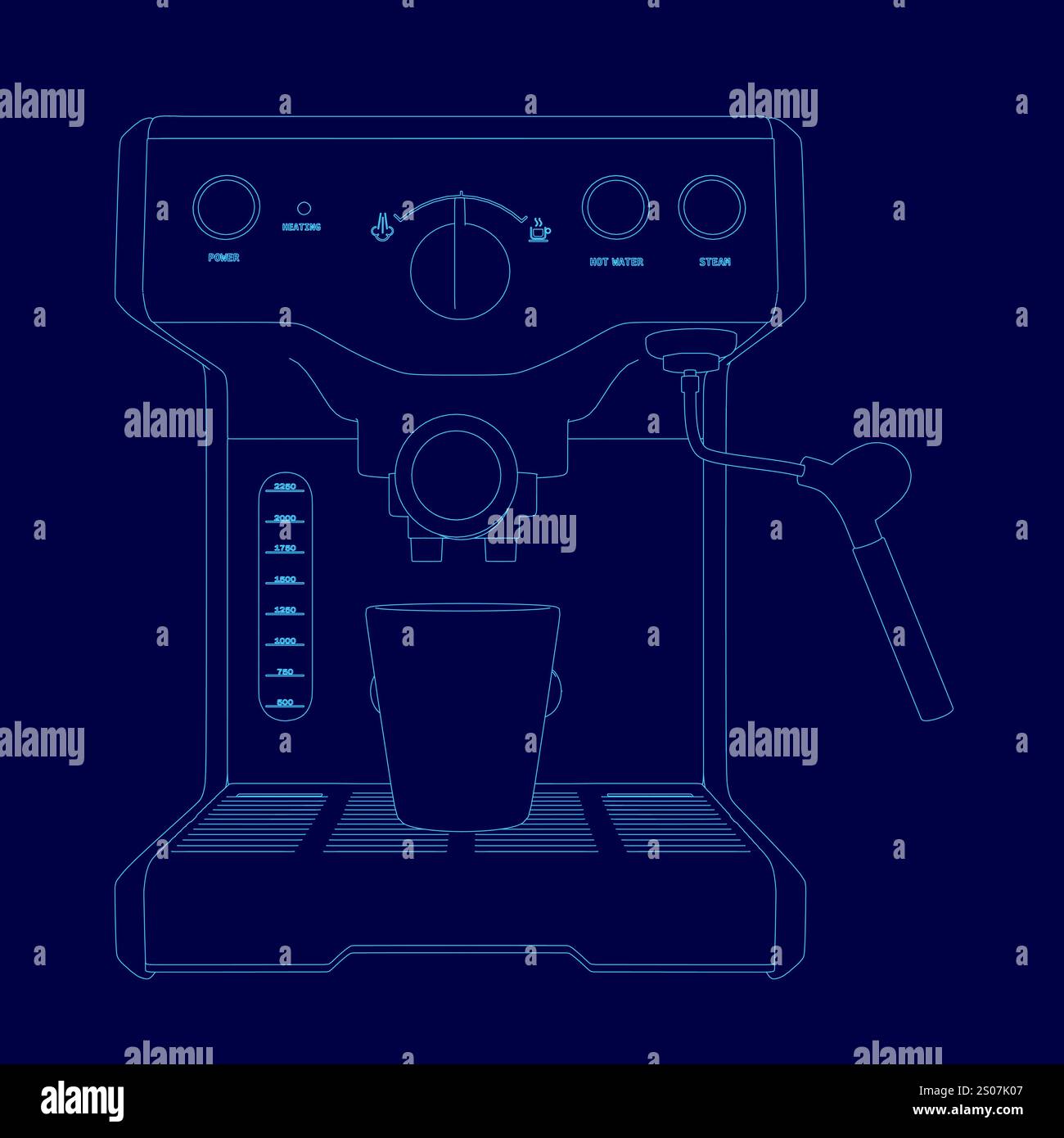 Blue drawing of a coffee maker. The coffee maker has a cup on top of it ...
