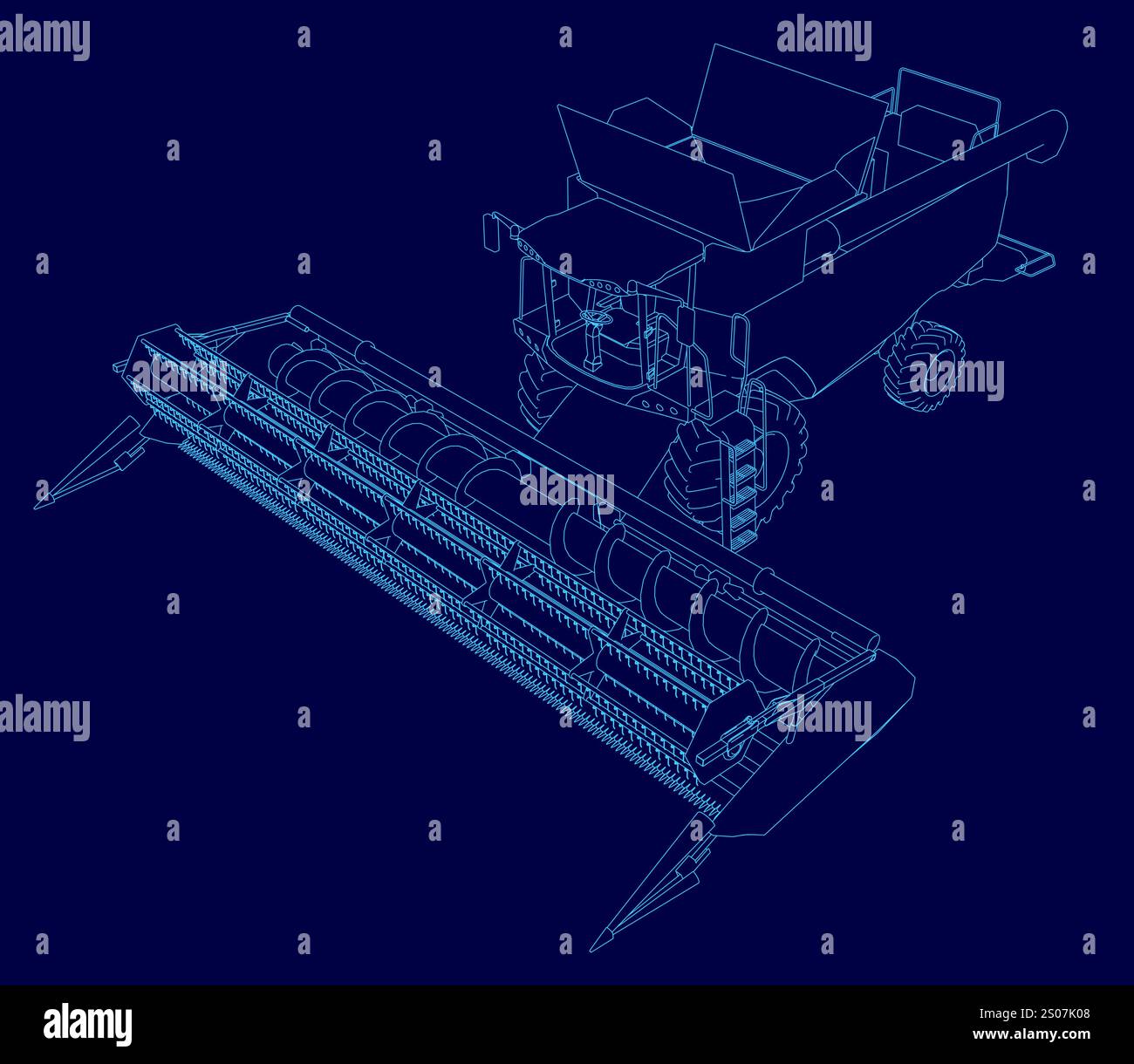 Blue drawing of a combine harvester. The drawing is in black and white ...