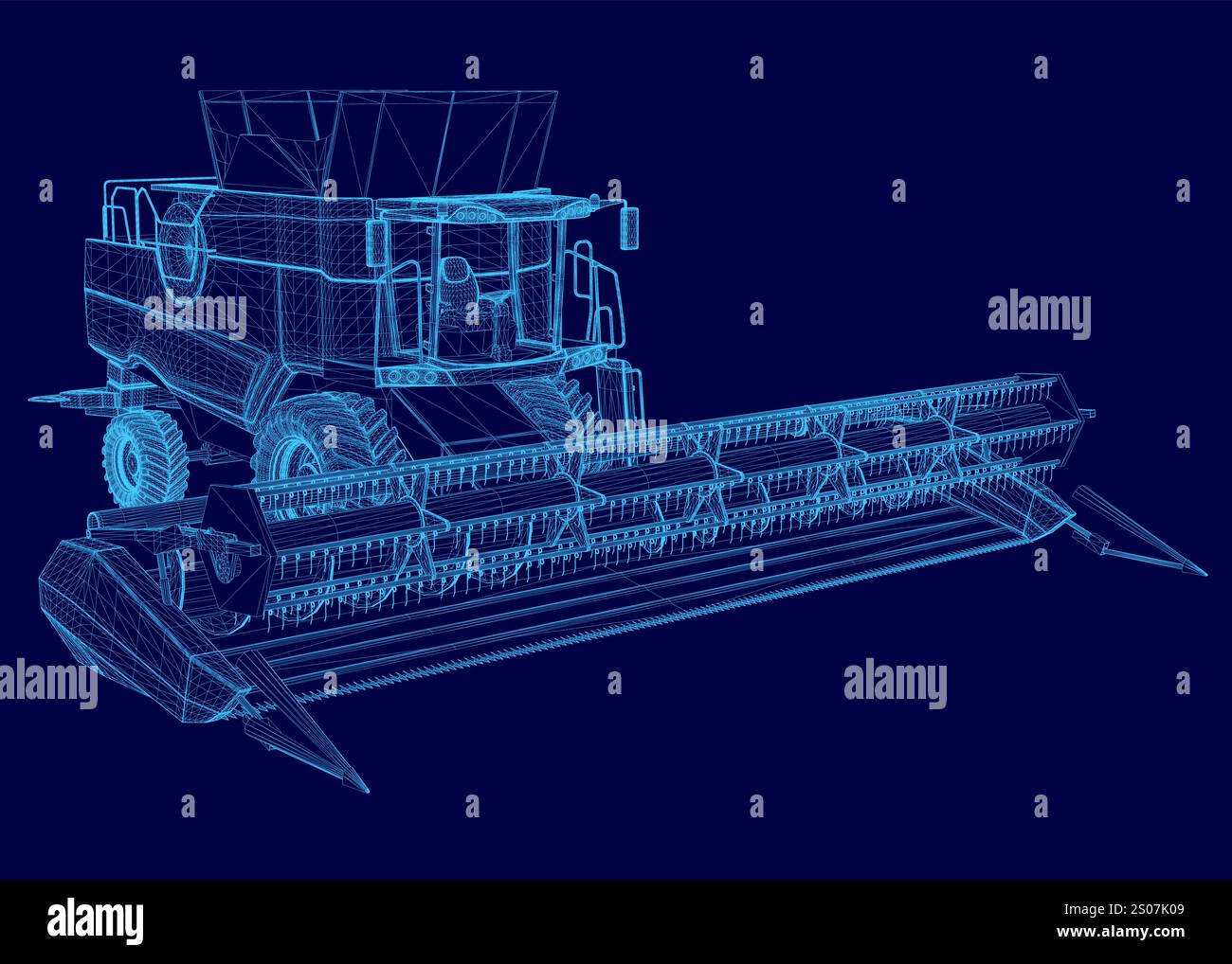 Blue image of a combine harvester. The image is of a grain harvester ...