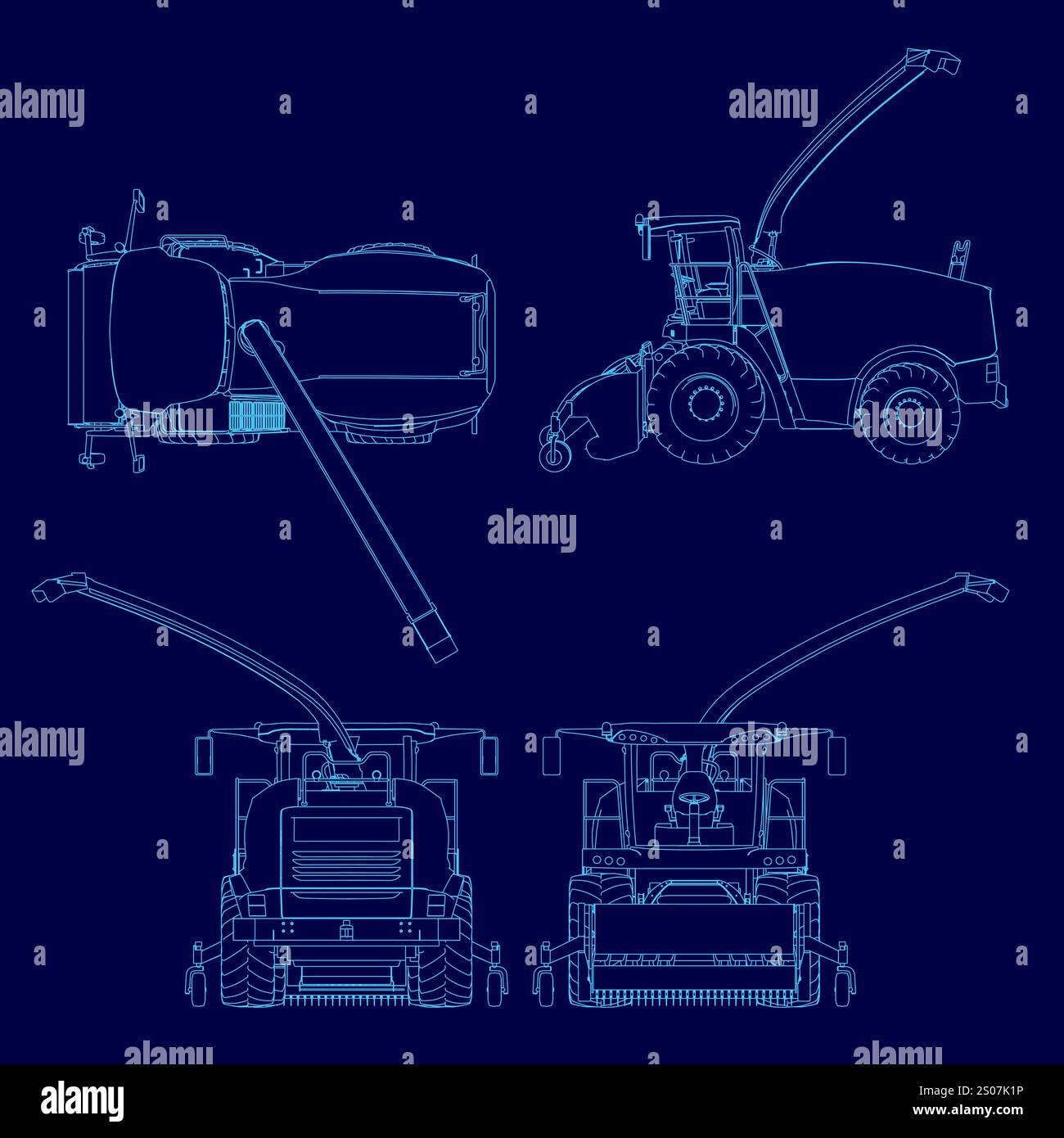 Blue drawing of a tractor with a large hose attached to it. The drawing ...