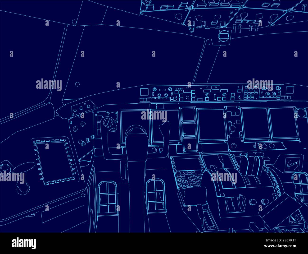 Blue airplane cockpit with a blue background. The cockpit is filled ...