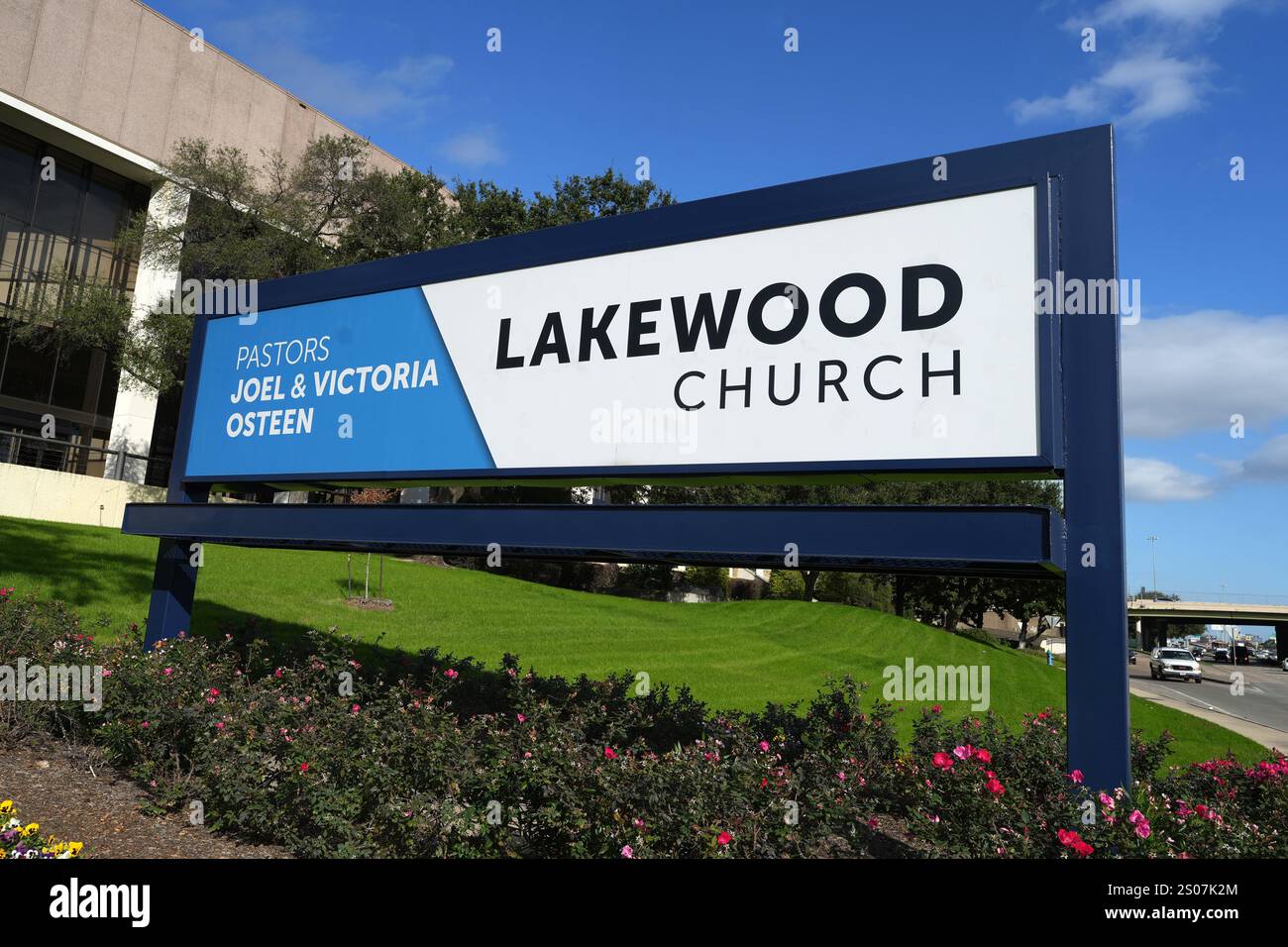 A sign at the Lakewood Church with the names of pastors Joel Osteen and ...