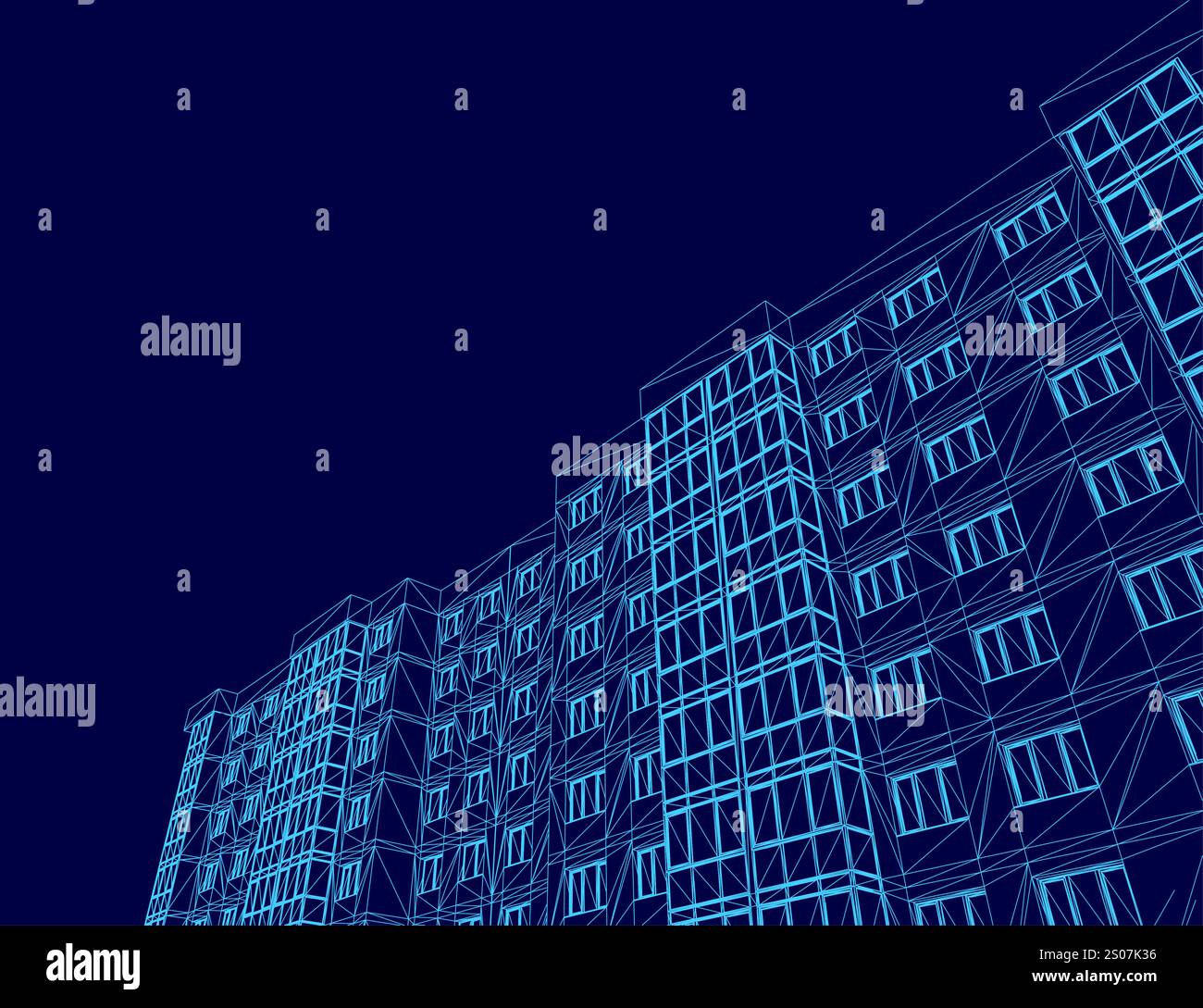 Blue drawing of a building with many windows. The building is tall and ... Blue drawing of a building with many windows. The building is tall and ...