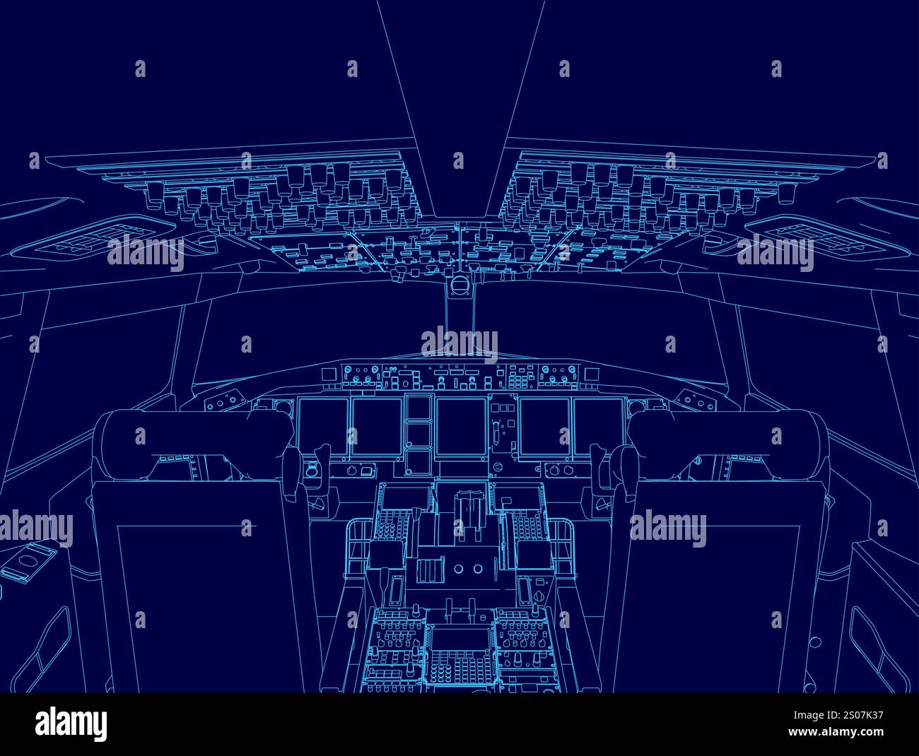 Blue image of an airplane cockpit. The cockpit is shown in a very ...