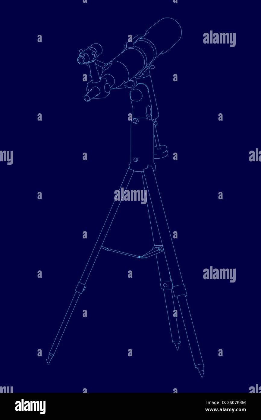 Blue drawing of a telescope. The drawing is of a telescope that is on a ...
