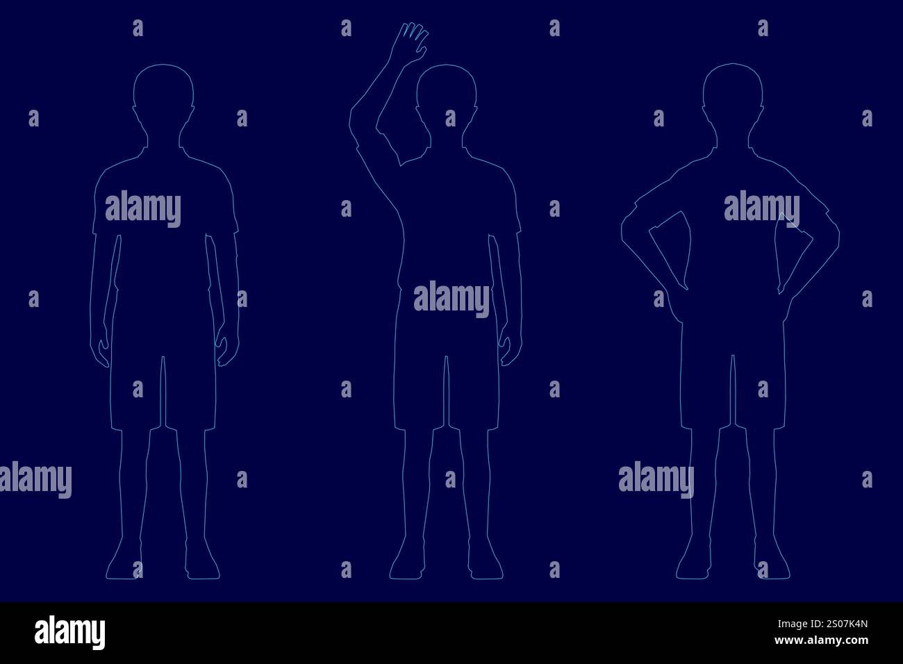 Three silhouettes of people are standing in a blue background. The ...