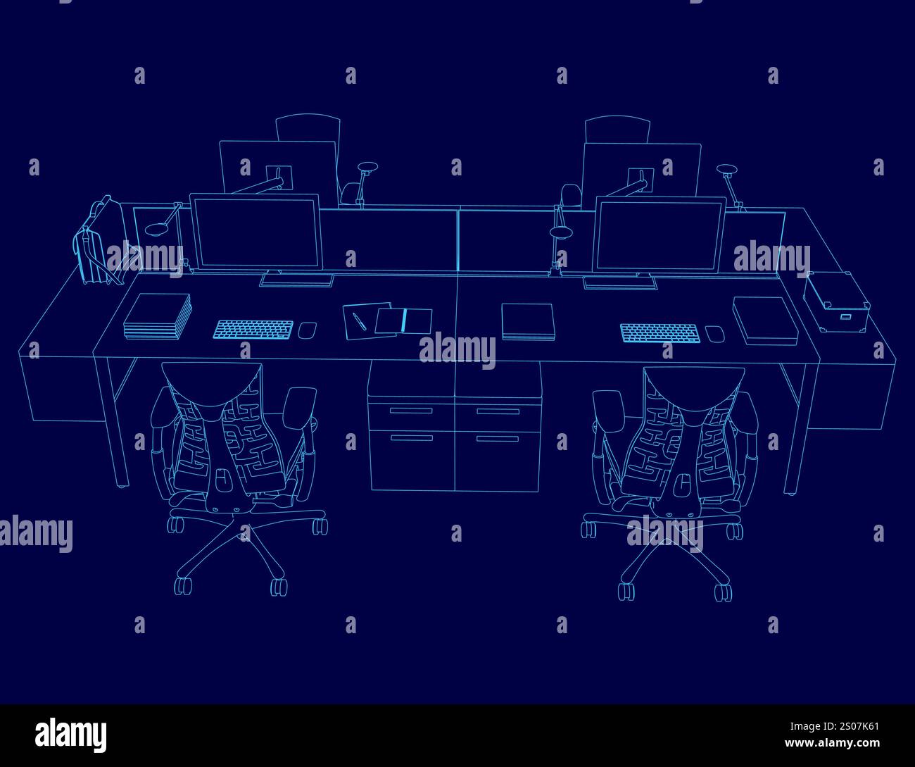 Blue drawing of a desk with two chairs and a computer. The chairs are ...