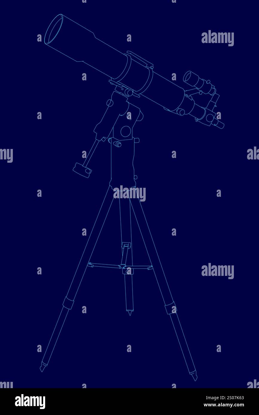 Blue drawing of a telescope. The drawing is of a telescope with a ...