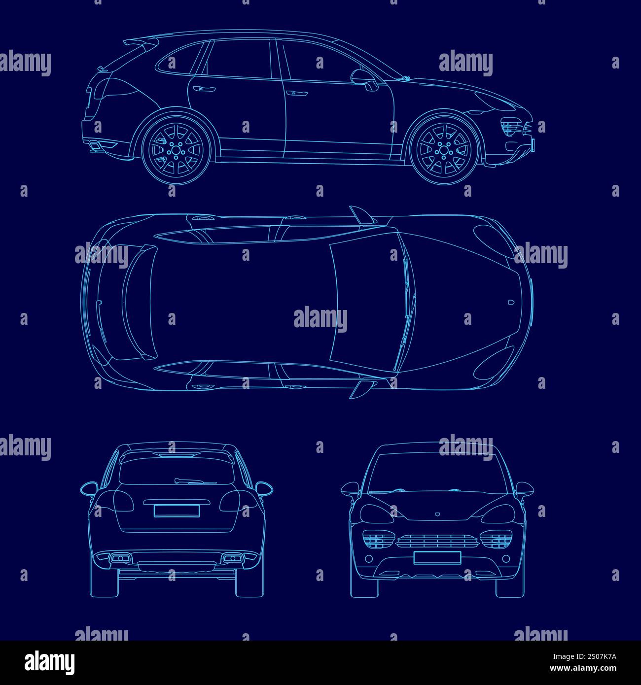Blue car set is shown in a series of drawings. The car is a hatchback ...