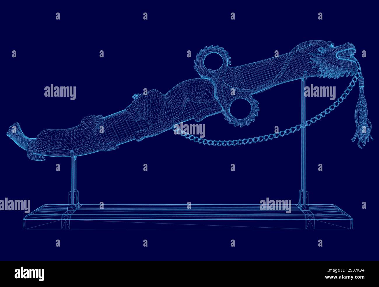 Blue image of a sword with a chain around it. The sword is on a stand ...