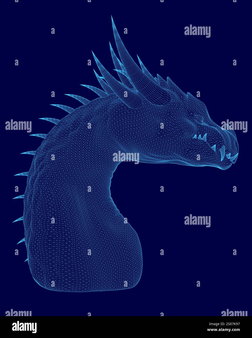 Blue dragon with a long neck and spiky hair. The dragon is shown in a ...