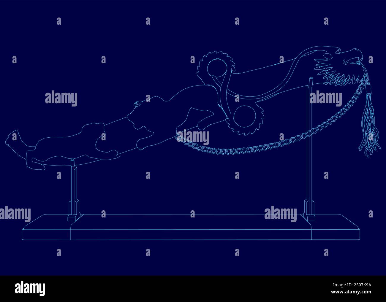 Blue image of a sword with a chain around it. The sword is on a stand ...