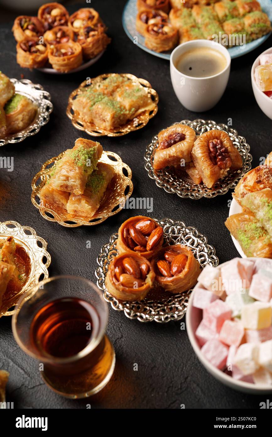 Delicious selection of traditional pastries and beverages served on ...