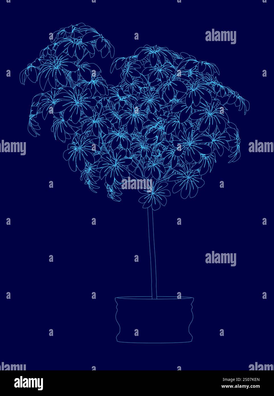 Blue drawing of a plant in a pot. The plant is tall and has many leaves ...
