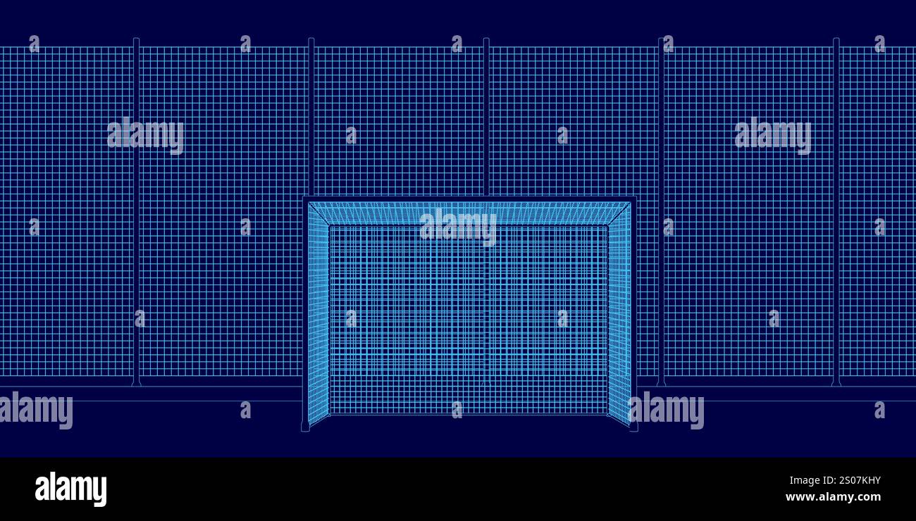 The image is a blue drawing of a soccer goal with a blue background ...