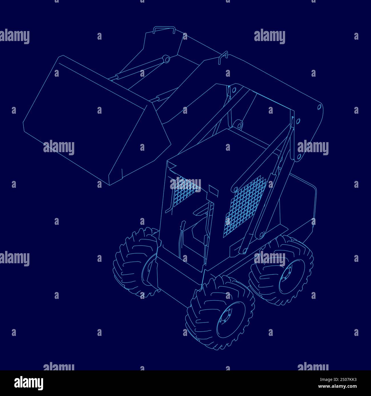 Blue drawing of a tractor with a large scoop on the front. The tractor ...