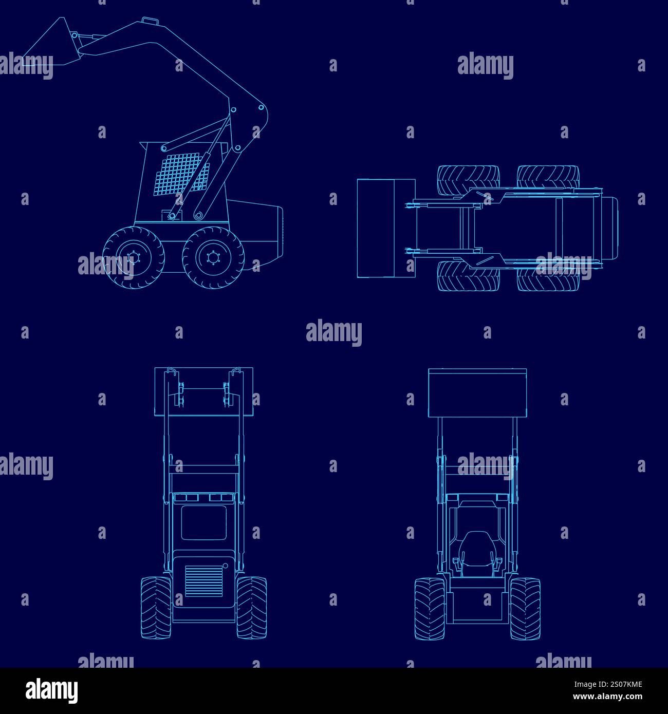 The image is a blue drawing of a machine with a shovel on the front ...