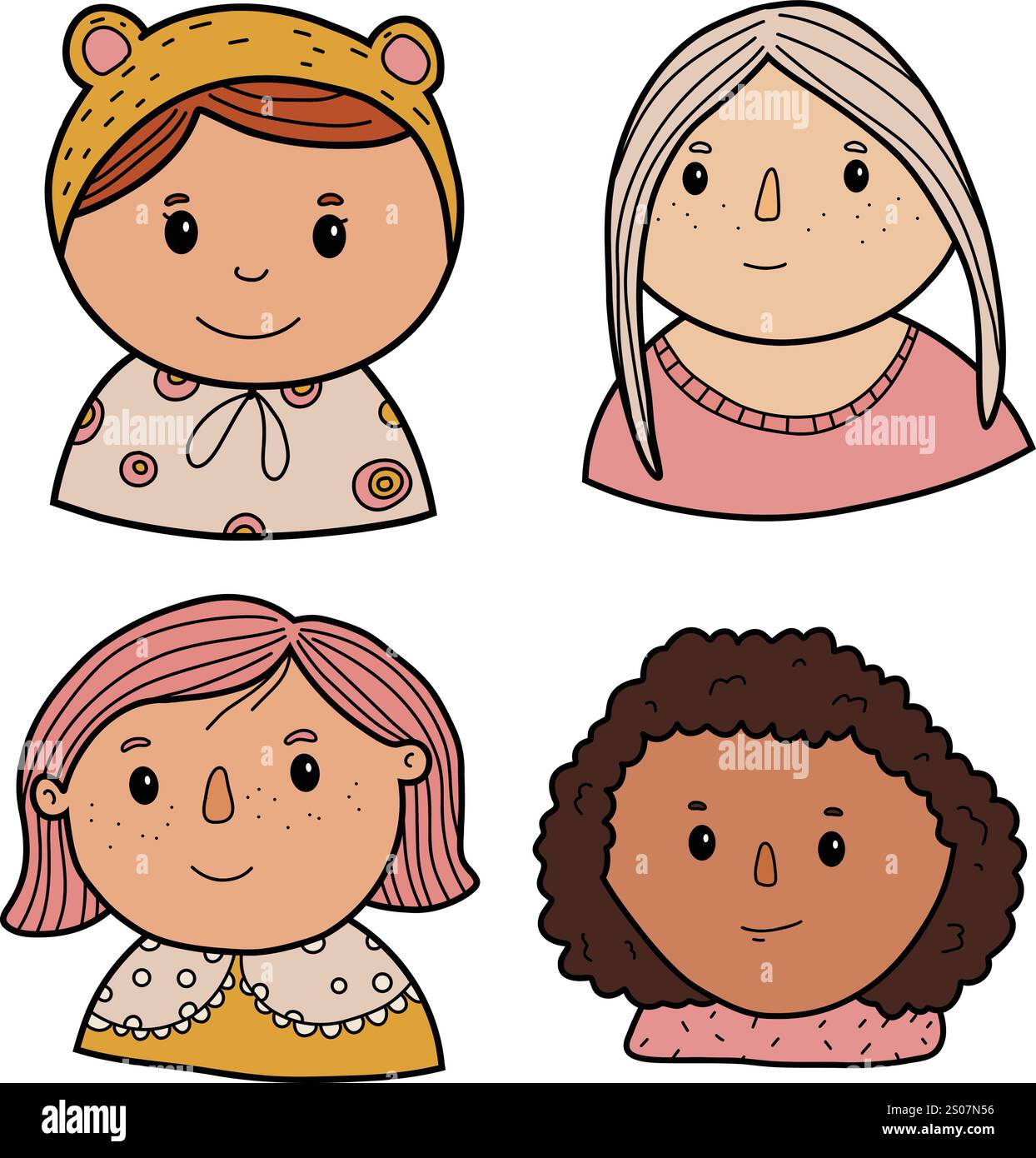 Set of icons of girls, teenagers. Female face various types signs thin ...