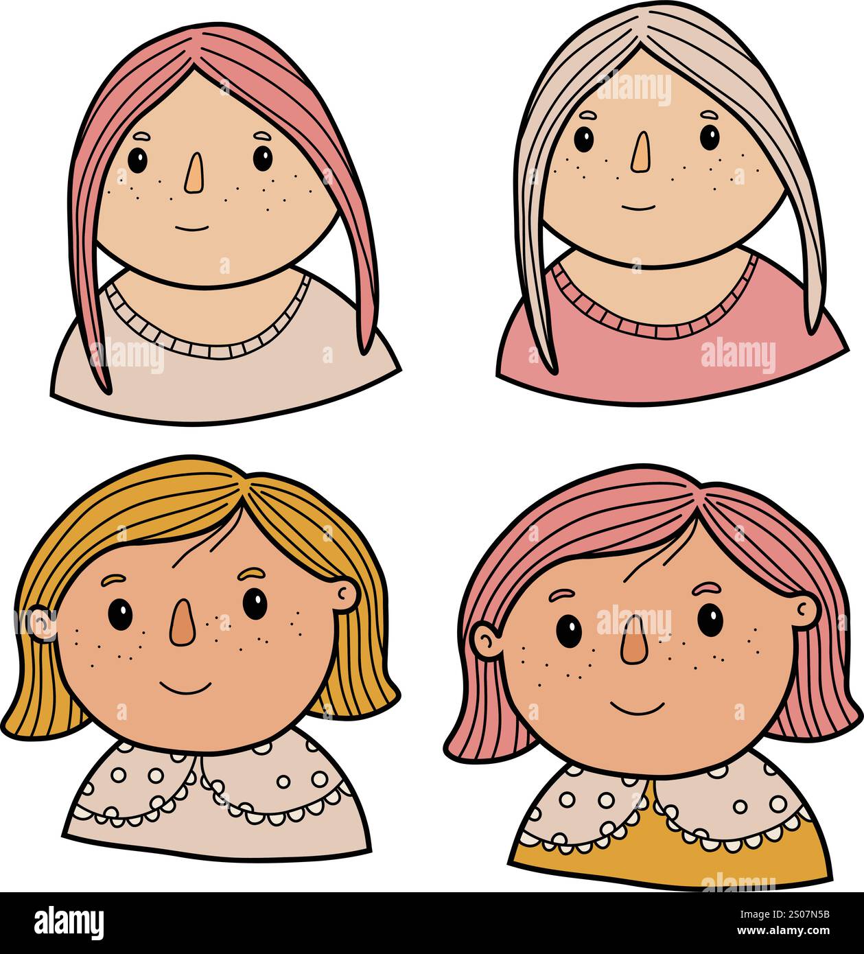Set of icons of girls, teenagers. Female face various types signs thin ...