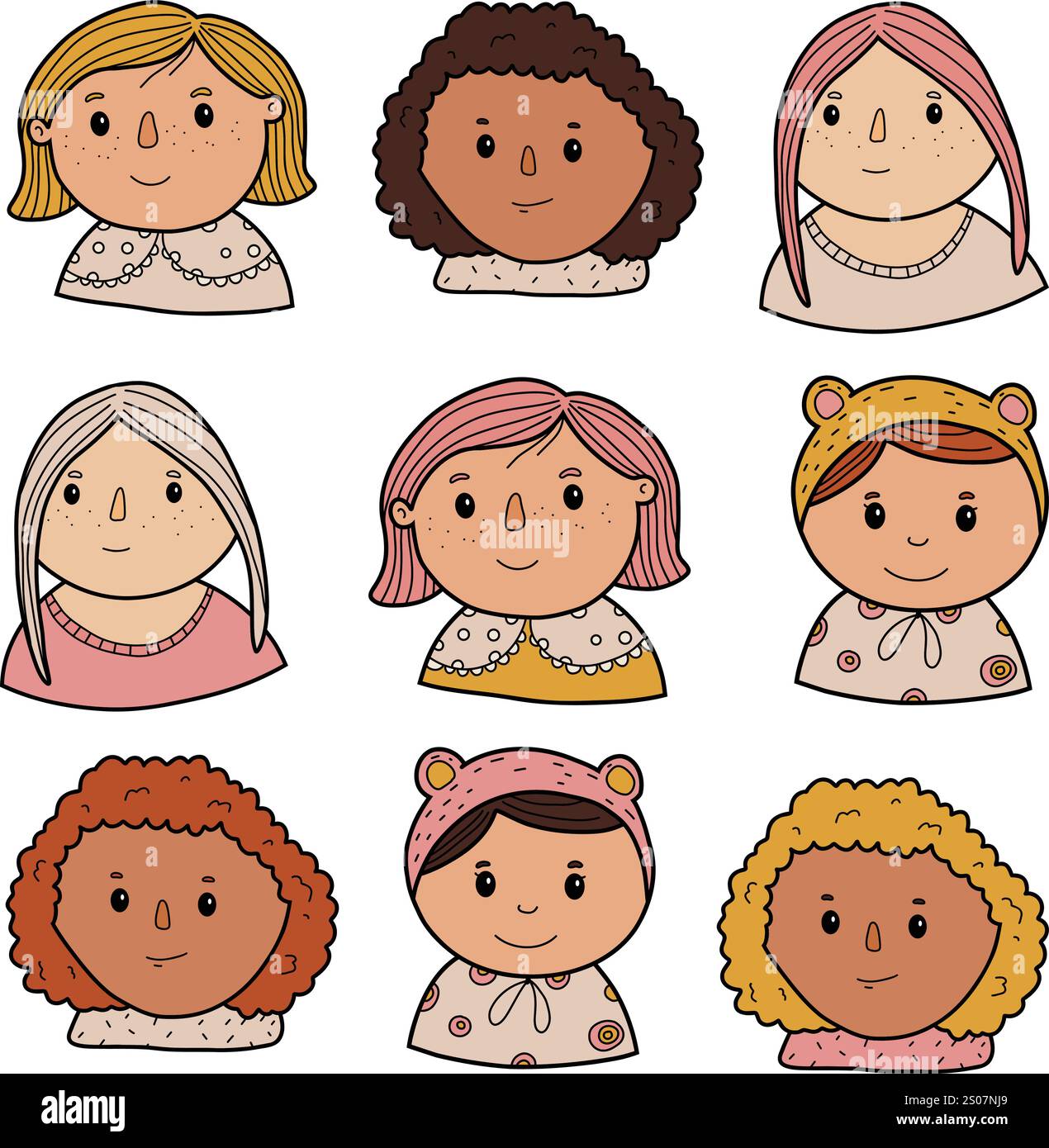 Set of icons of girls, teenagers. Female face various types signs thin ...