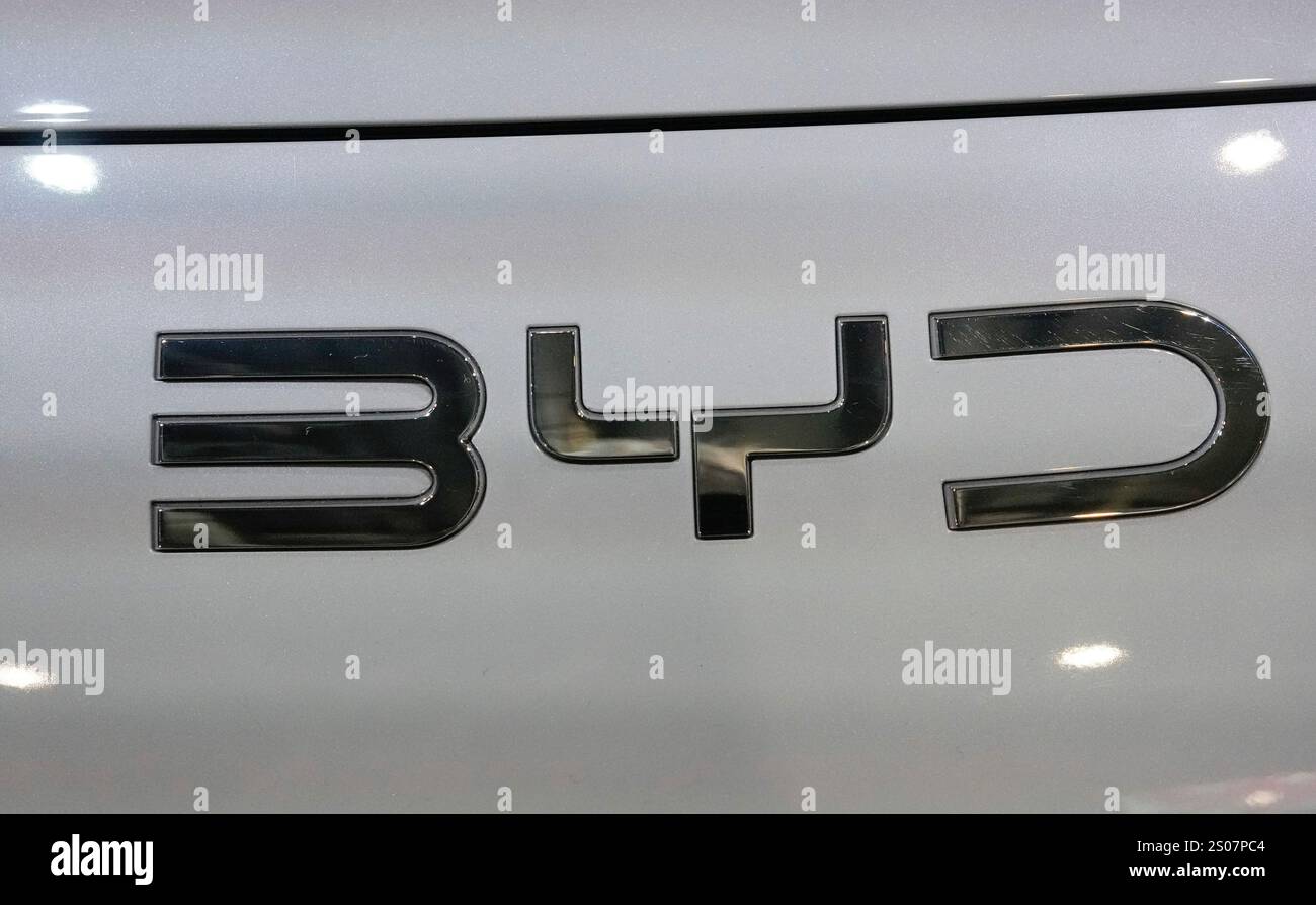 FILE - The BYD logo is photographed at the Paris Auto Show in Paris ...