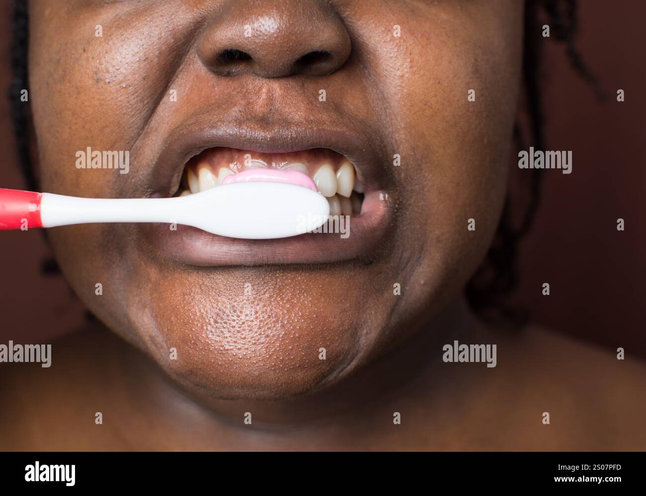 Brown skin woman brushing her teeth, woman practicing oral dental ...