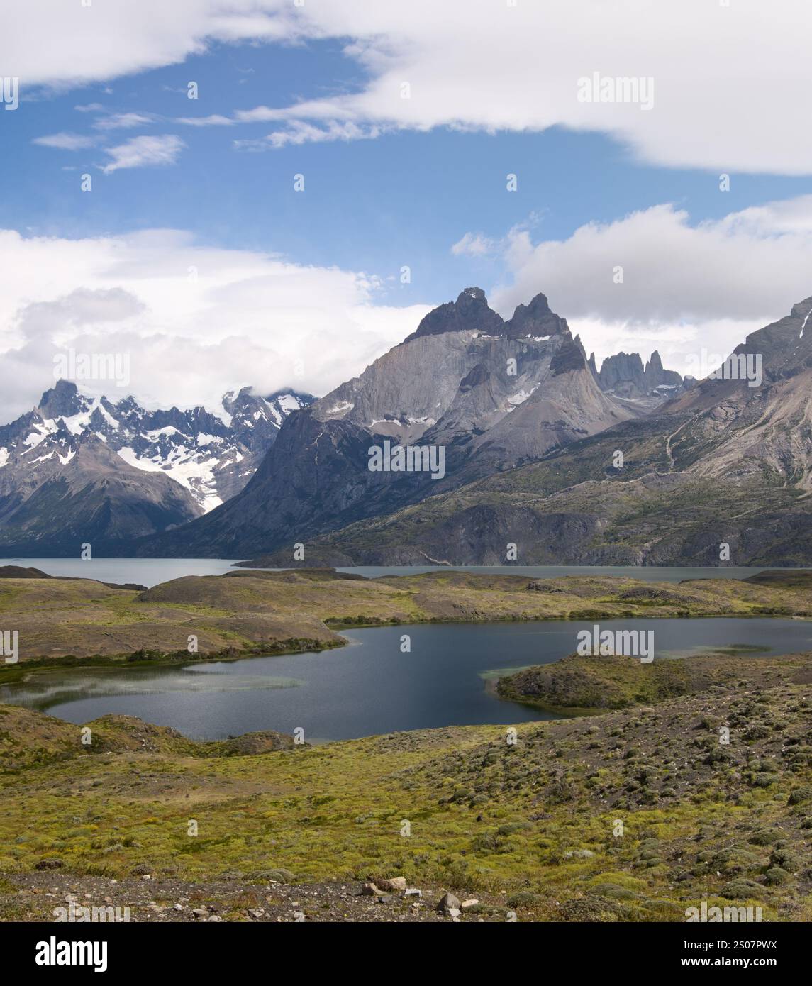 Dramatic view of Torres del Paine's iconic granite peaks rising above ...
