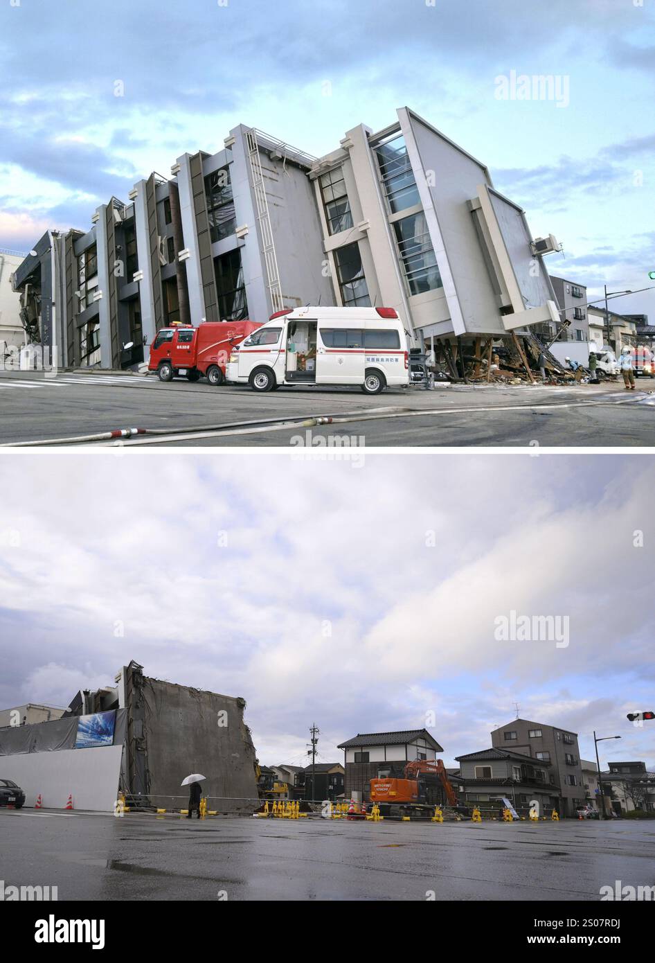 Combined photo shows a toppled building in Wajima in central Japan's ...