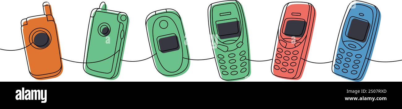 Retro phones one line colored continuous drawing. Mobile flip phone ...