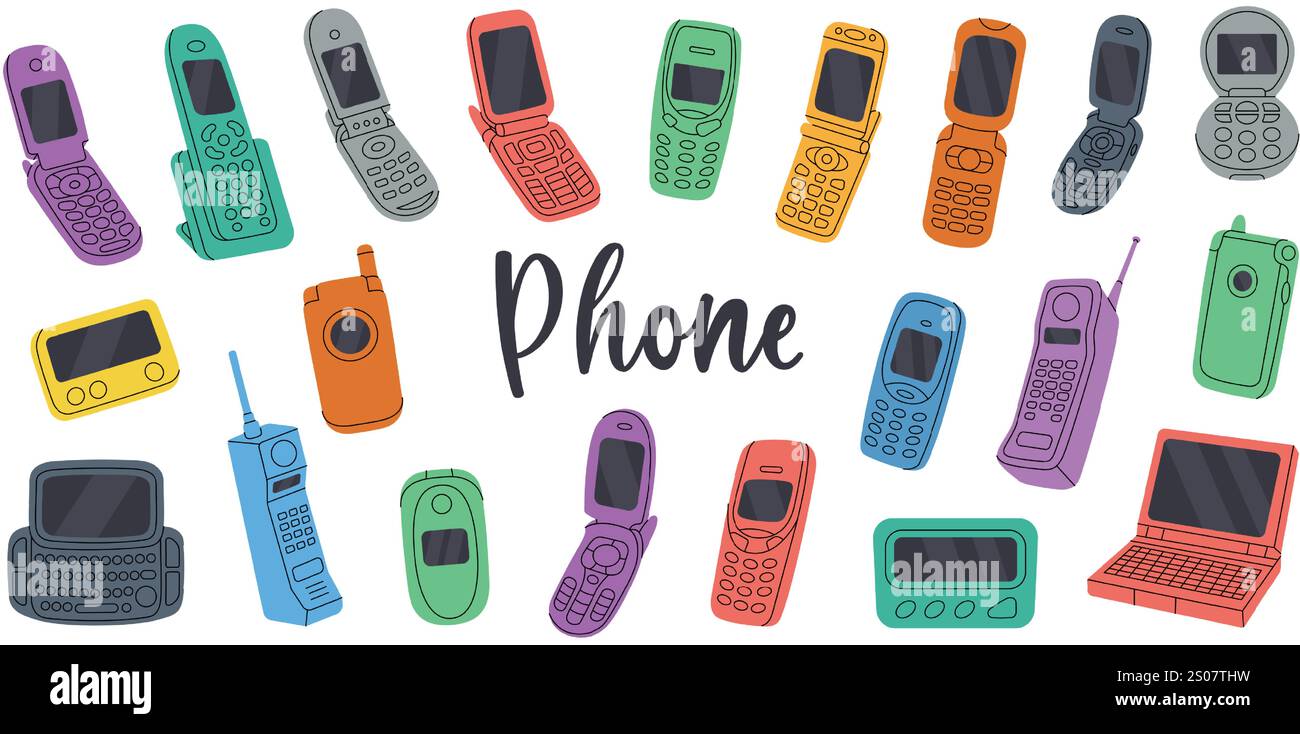 Retro phones. Old communication gadgets. Retro electronic devices ...
