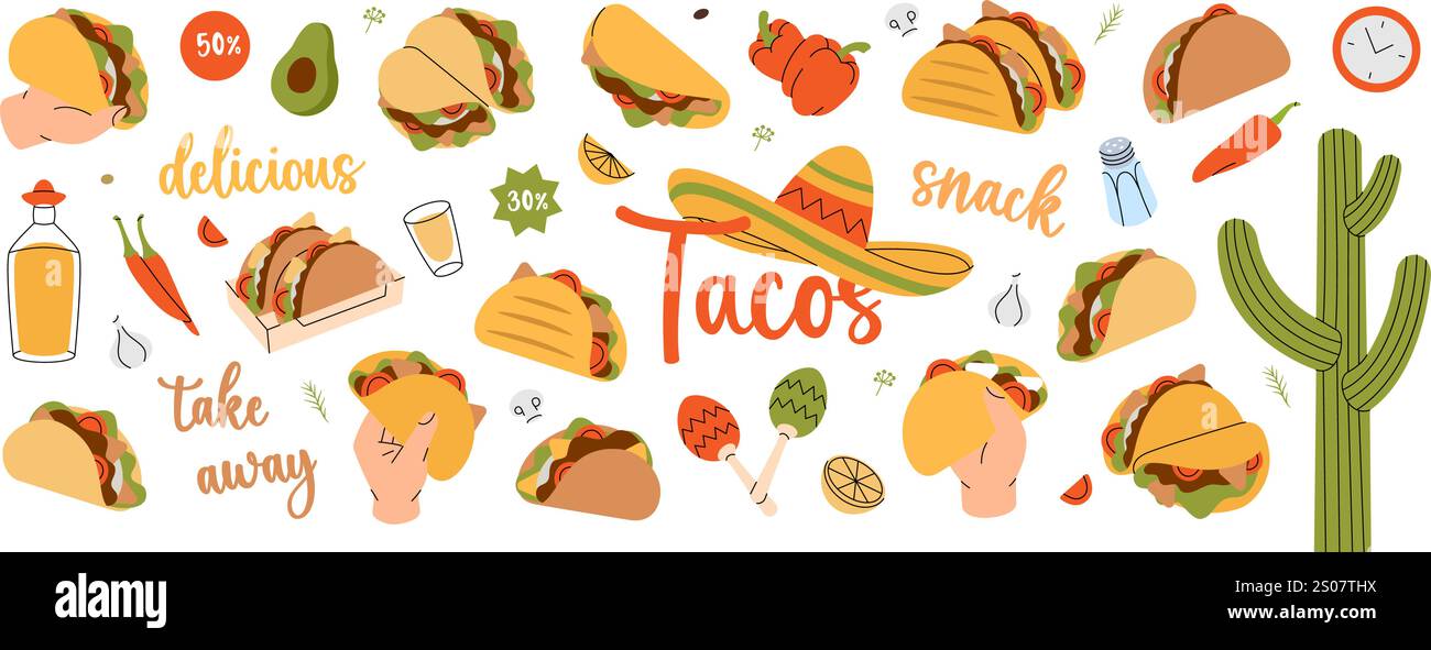 Tacos set. Tacos with meat, vegetable and tortilla. Traditional Mexican ...