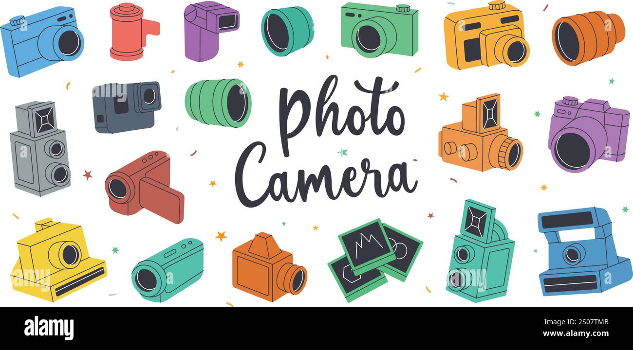 Camera set. Professional photography. Lens with shutters, video and ...