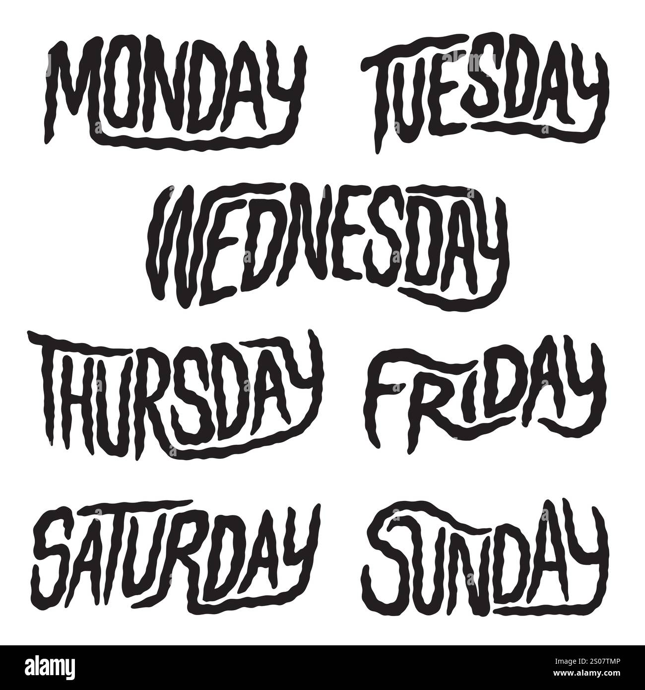 Week days name hand lettering compilation set. Spooky wiggly vector ...