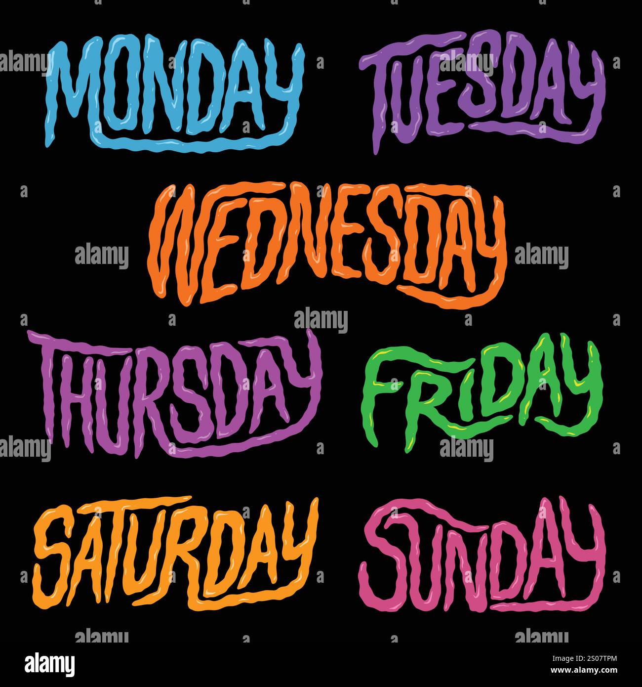 Week days name hand lettering compilation set. Spooky wiggly vector ...