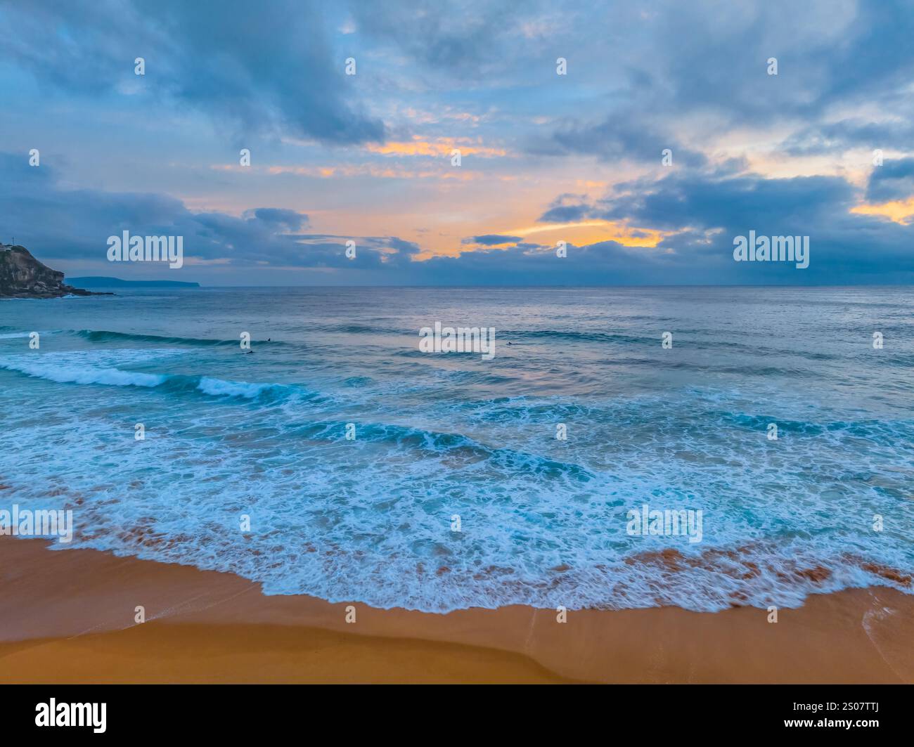 Aerial sunrise over Whale Beach in the Northern Beaches region of ...