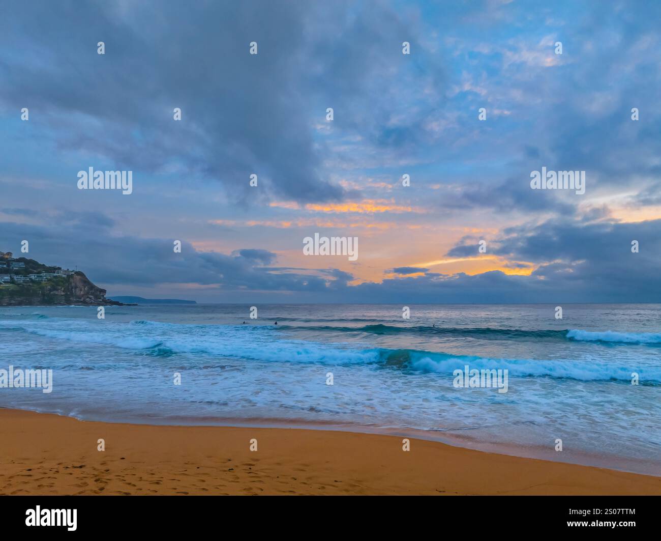 Aerial sunrise over Whale Beach in the Northern Beaches region of ...