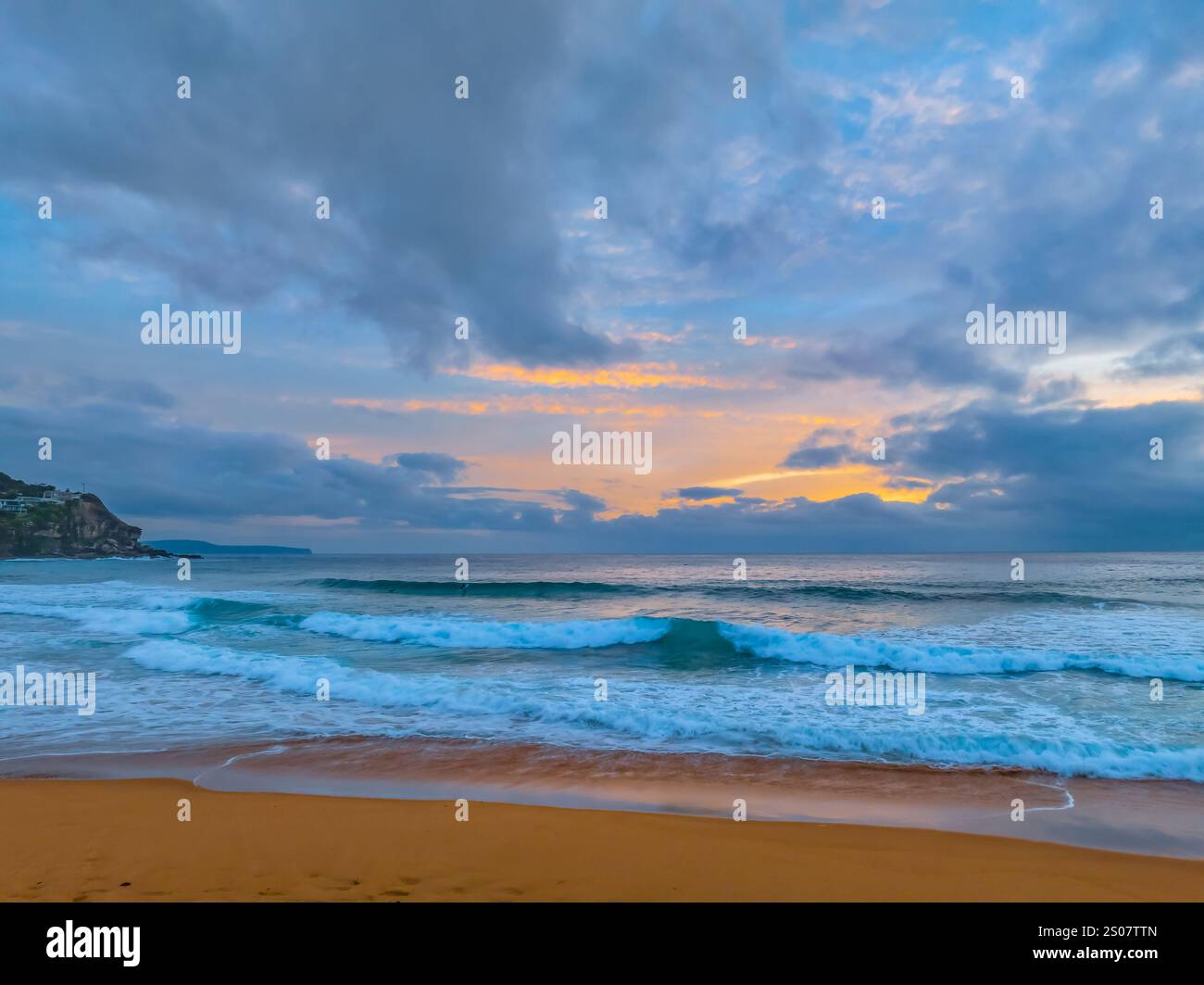Aerial sunrise over Whale Beach in the Northern Beaches region of ...