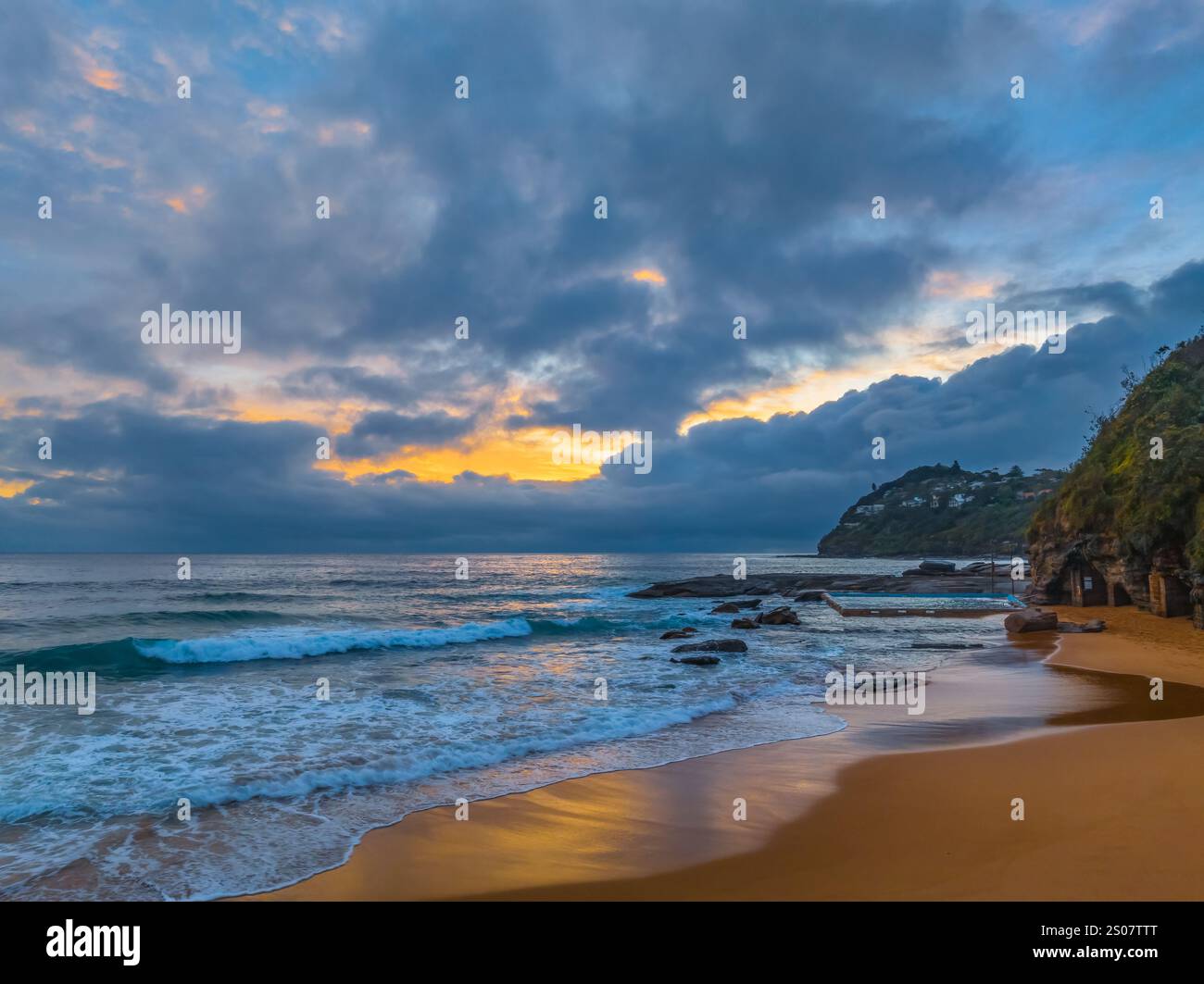 Aerial sunrise over Whale Beach in the Northern Beaches region of ...