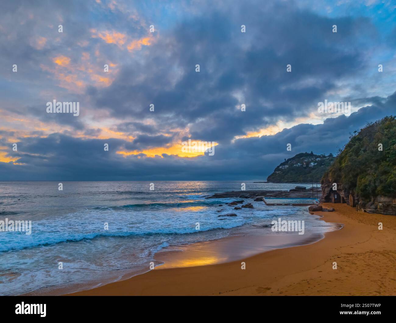 Aerial sunrise over Whale Beach in the Northern Beaches region of ...