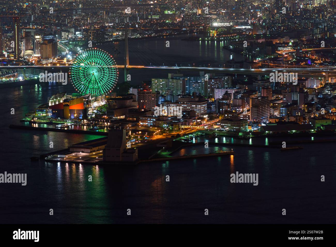 Areal view of Osaka port area and Osaka night cityscape, view from ...