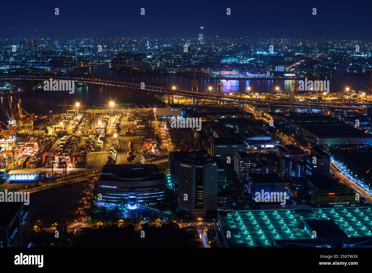 Areal view of Osaka port area and Osaka night cityscape, view from ...