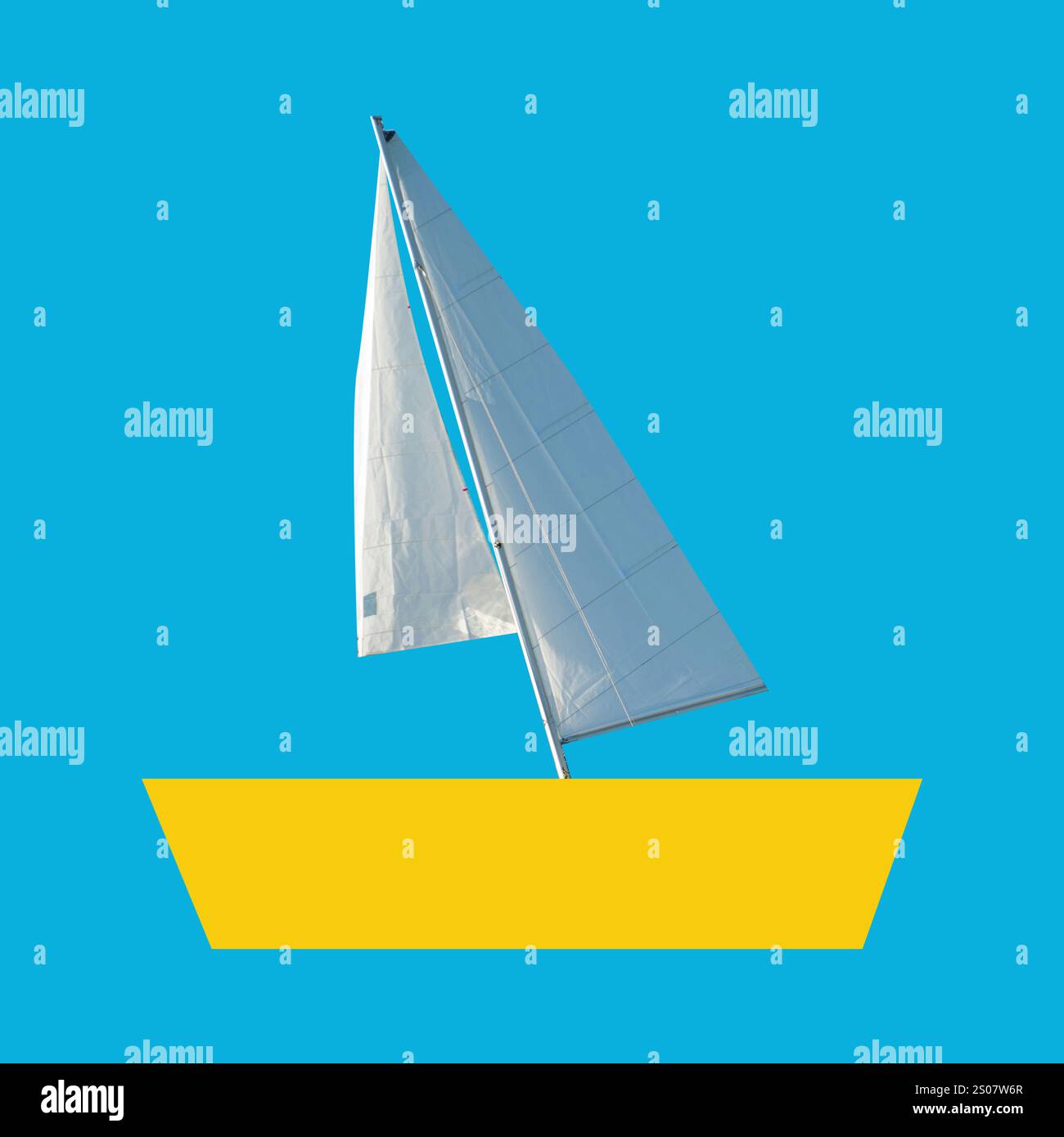 Contemporary art collage. White sail, boat catches wind, creating ...