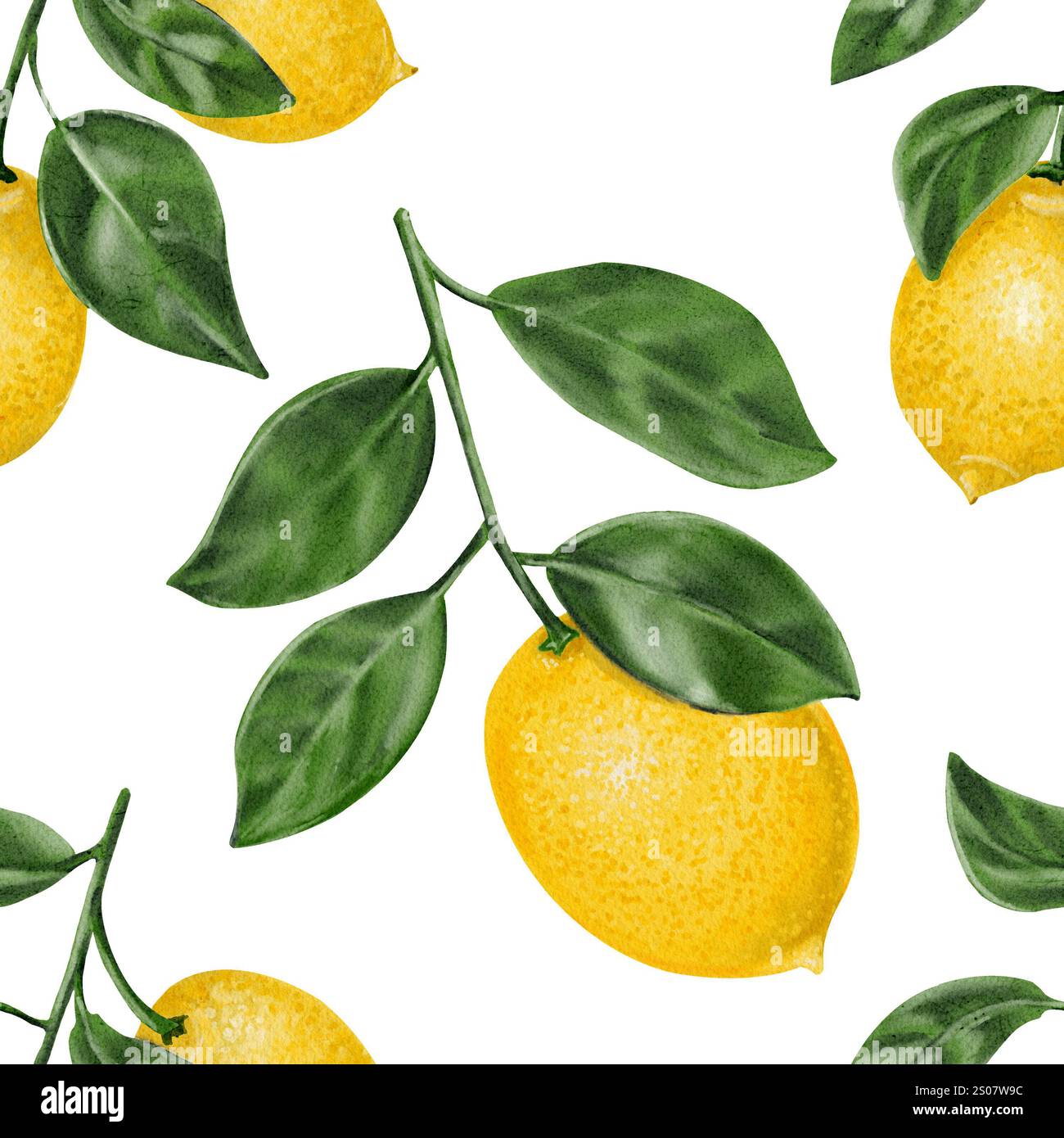 Juicy yellow lemons on branches with leaves. Seamless pattern without ...