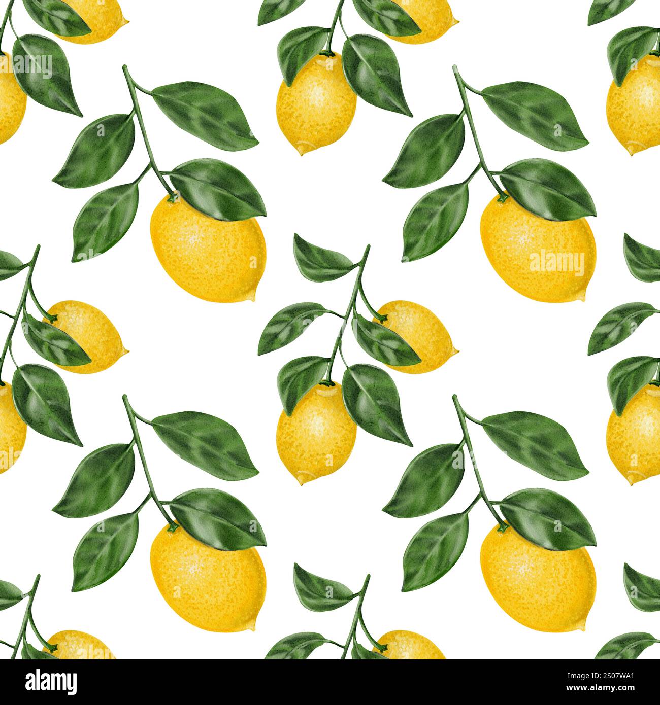 Juicy yellow lemons on branches with leaves. Seamless pattern without background. Citrus fruits ...