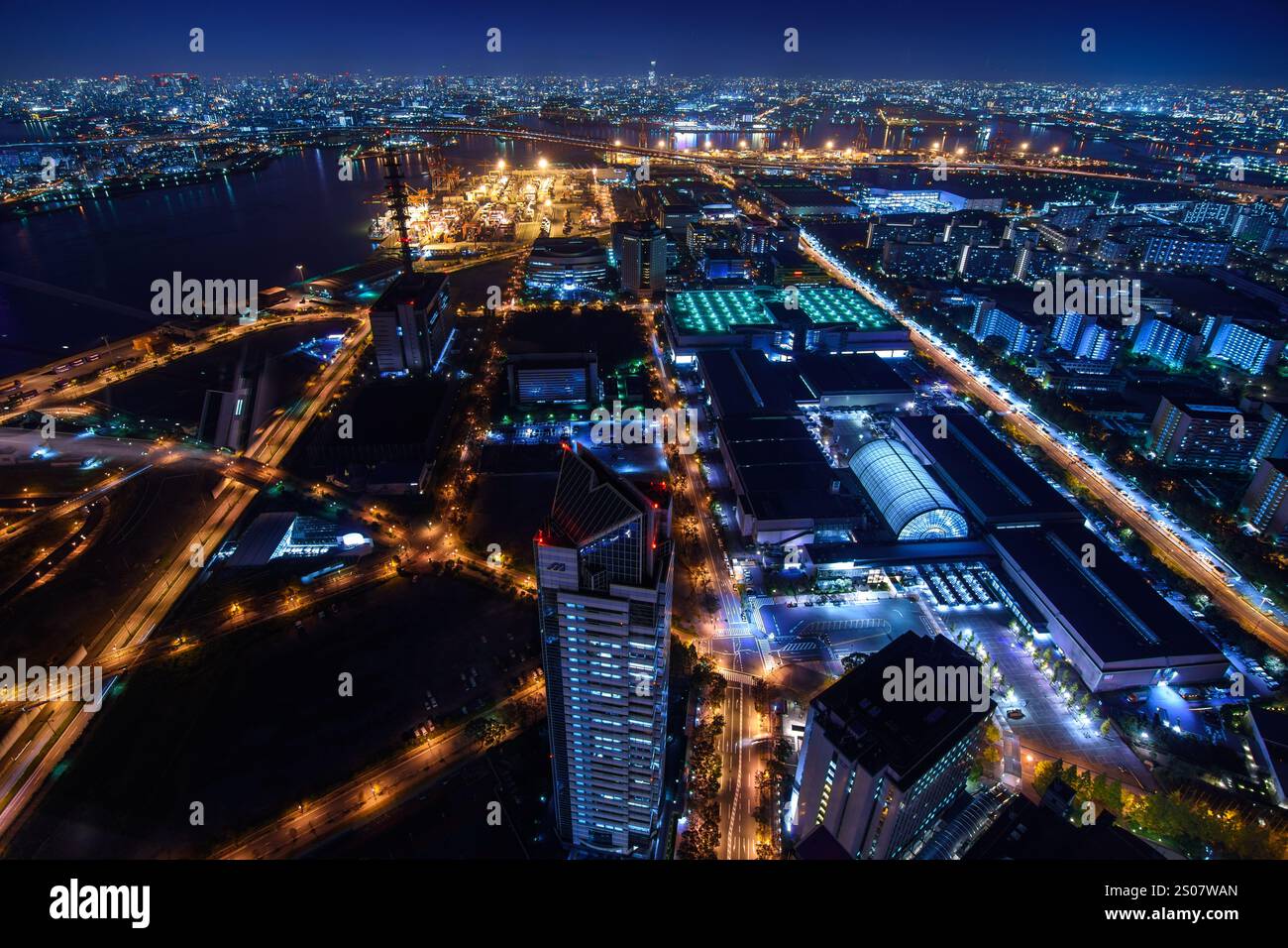 Areal view of Osaka port area and Osaka night cityscape, view from ...